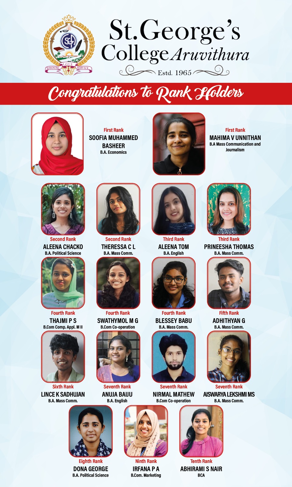 Rank holders | St George's College, Aruvithura